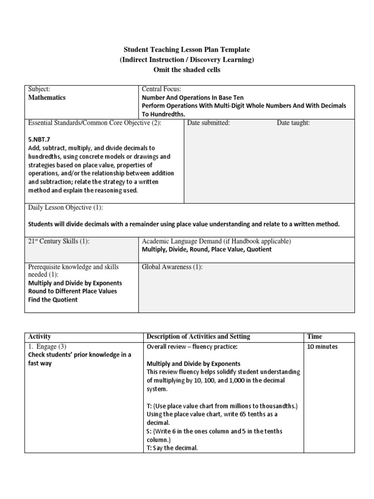 Student Teaching Lesson Plan Template (Indirect Instruction / Discovery ...