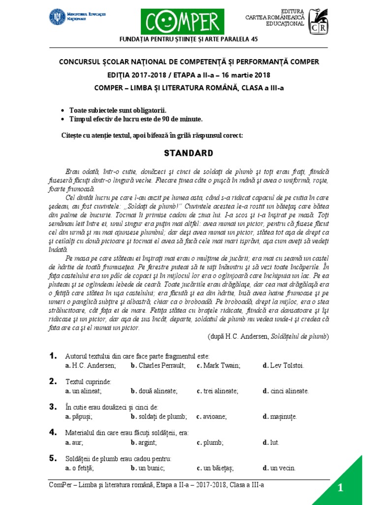 Subiect Comper Limba Romana EtapaII 2017 2018 clasaIII PDF | PDF
