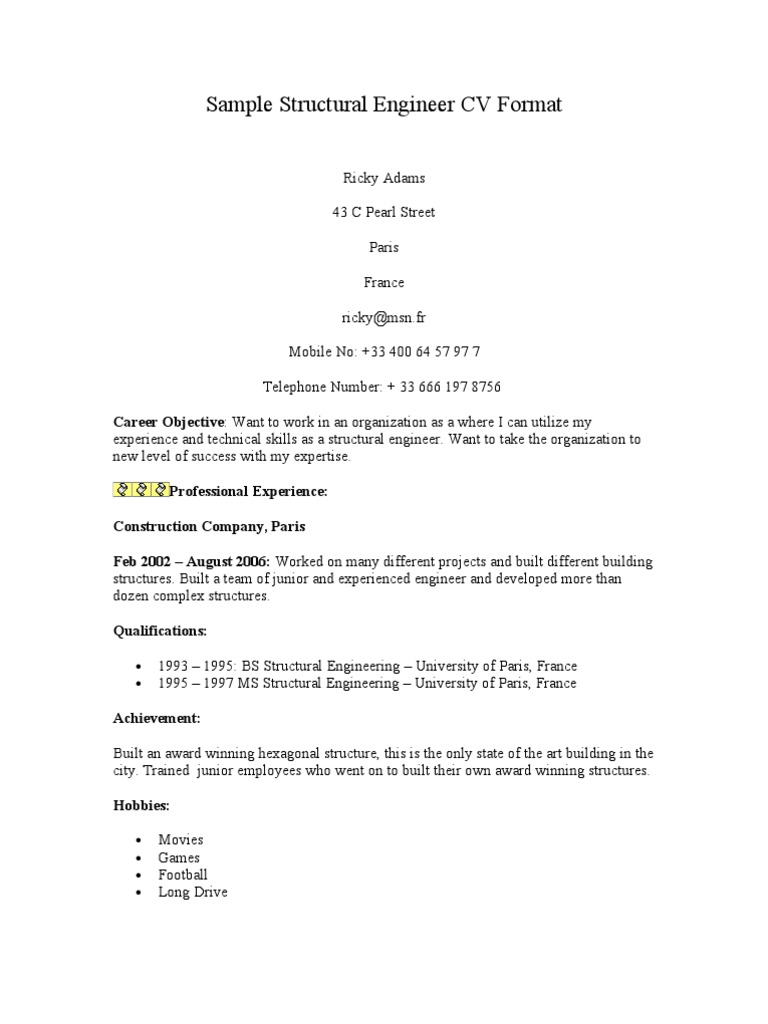 Sample Structural Engineer CV Format | PDF
