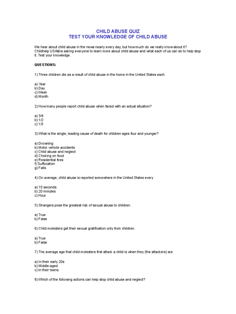 Child Abuse Quiz Test Your Knowledge of Child Abuse: Questions | PDF