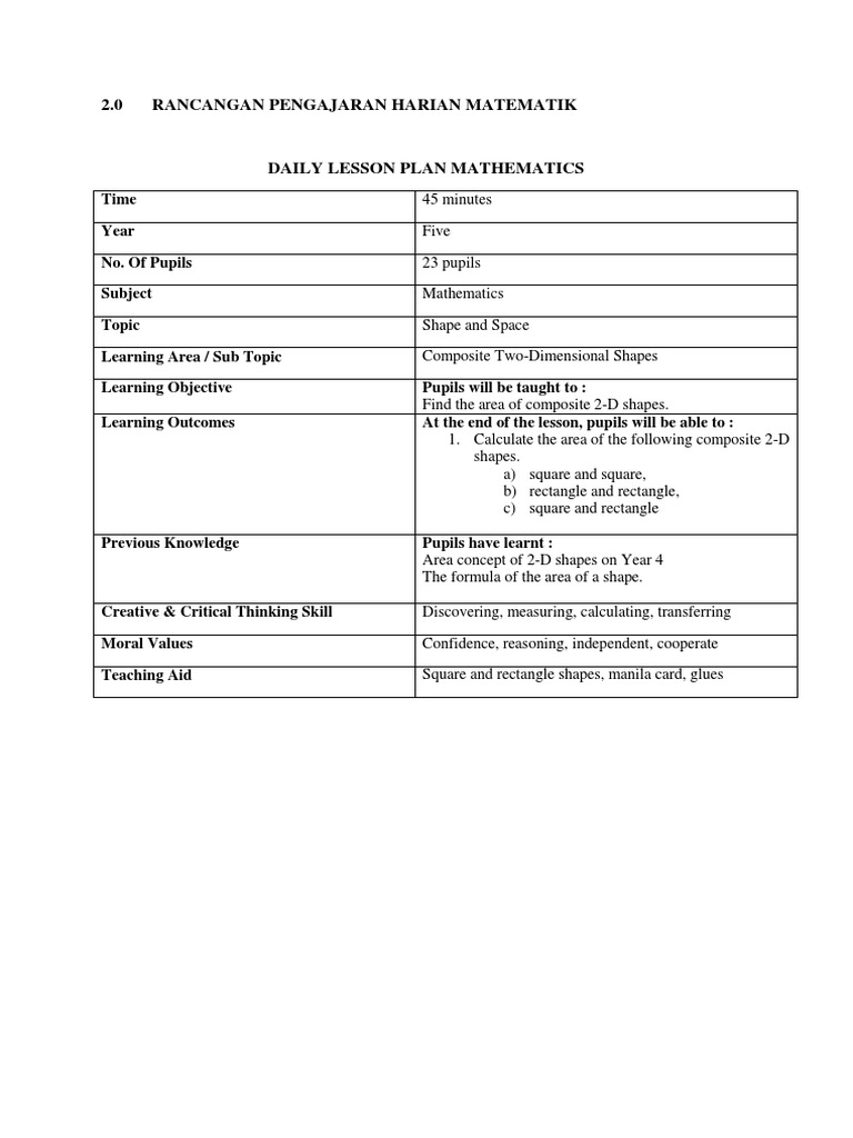 Daily Math Lesson Plan: Composite Shapes | PDF | Area | Lesson Plan