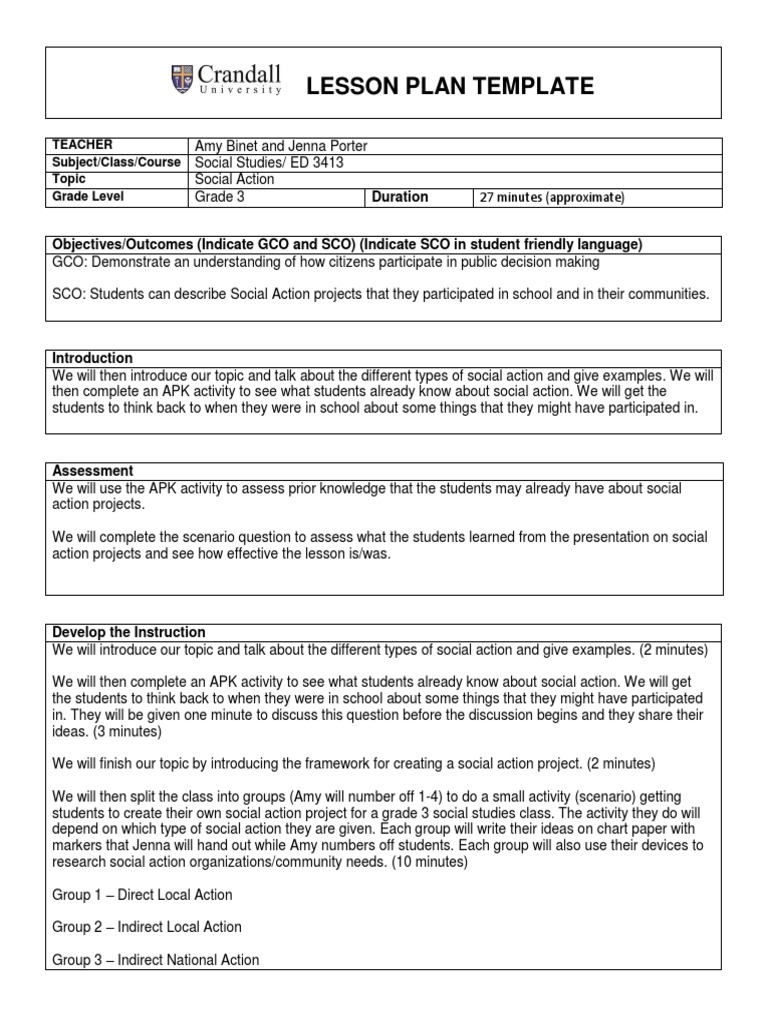 Social Action Lesson Plan | PDF | Lesson Plan | Psychotherapy