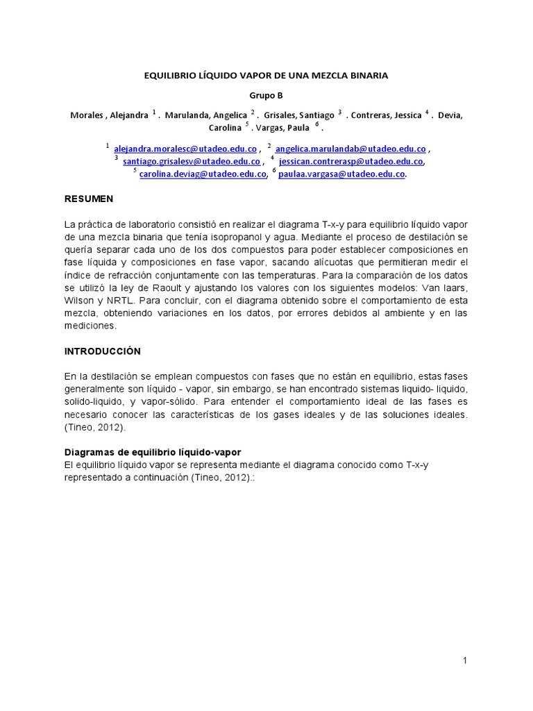 Equilibrio Liquido-Vapor de Una Mezcla Binaria | PDF | Destilación ...
