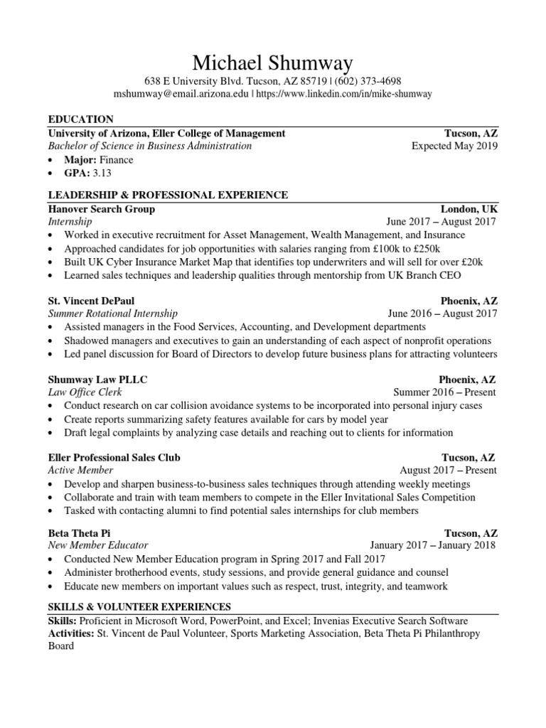 Mike Shumway Current Resume | PDF | Arizona | Sales