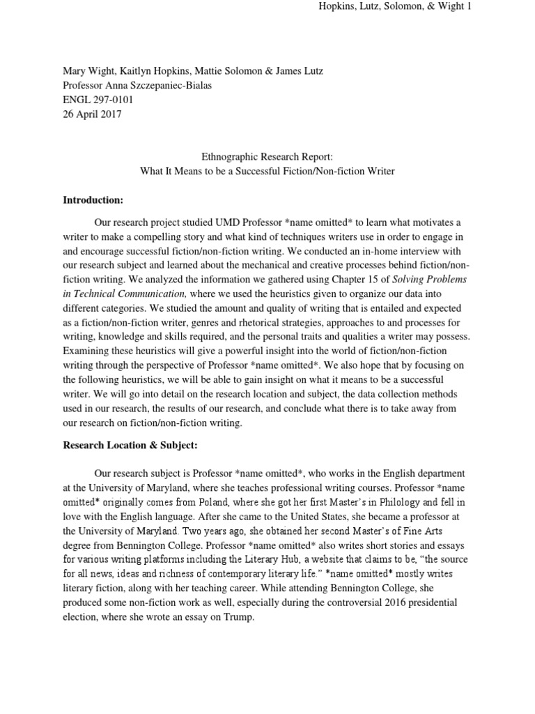 Ethnographic Report Final Draft | PDF | Writers | Ethnography