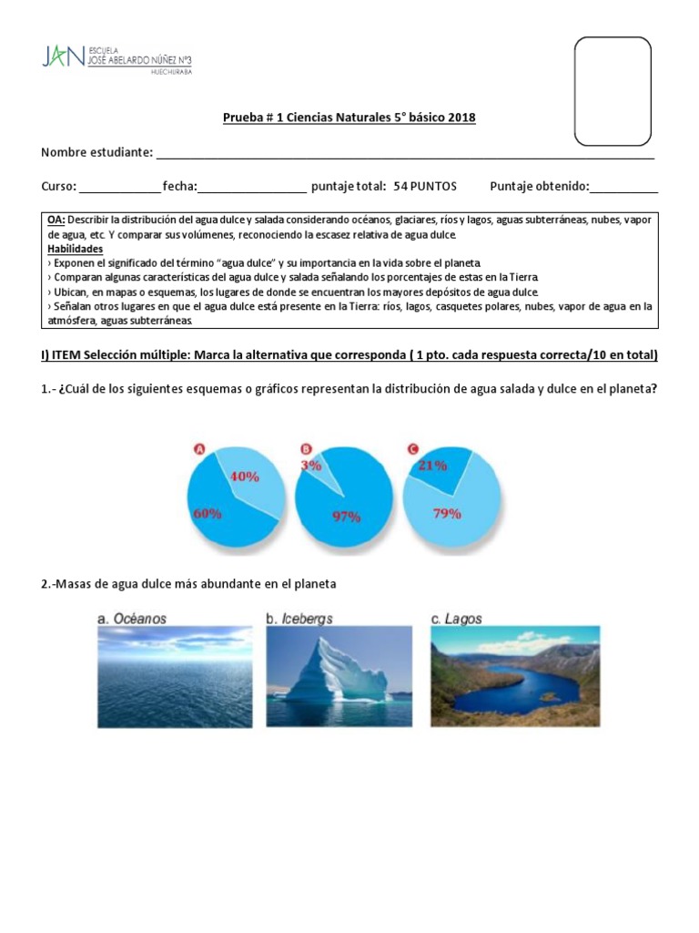 Prueba 1 Ciencias Naturales 5 Basico 2018 | PDF | Agua dulce | Agua