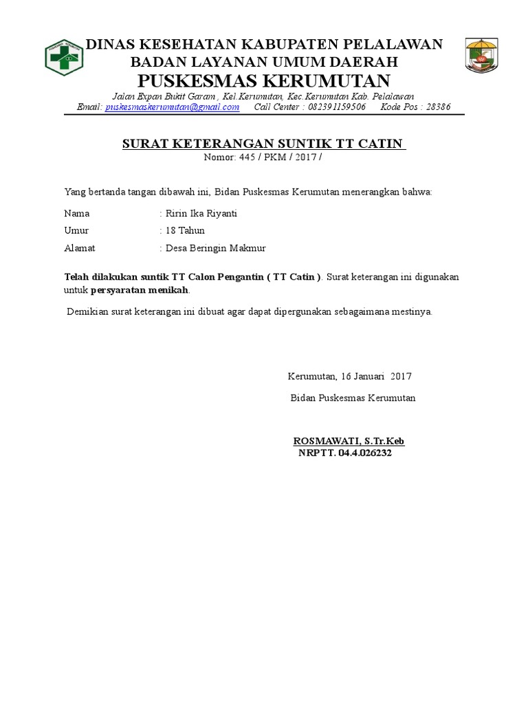 Surat Keterangan Suntik TT Catin | PDF