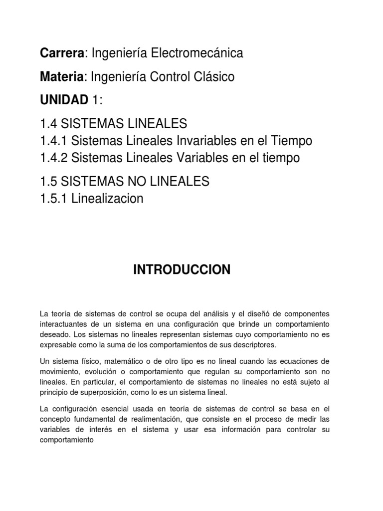 Sistemas Lineales y No Lineales en Control | PDF | Sistema no lineal ...