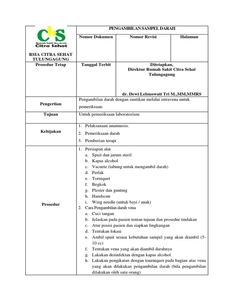 Sop Pengambilan Sampel Darah Citra Sehat | PDF