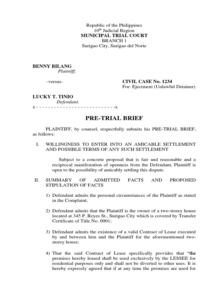 Sample Pre Trial Brief | PDF | Lease | Discovery (Law)
