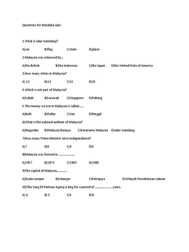 Merdeka Quiz Questions and Answers | PDF