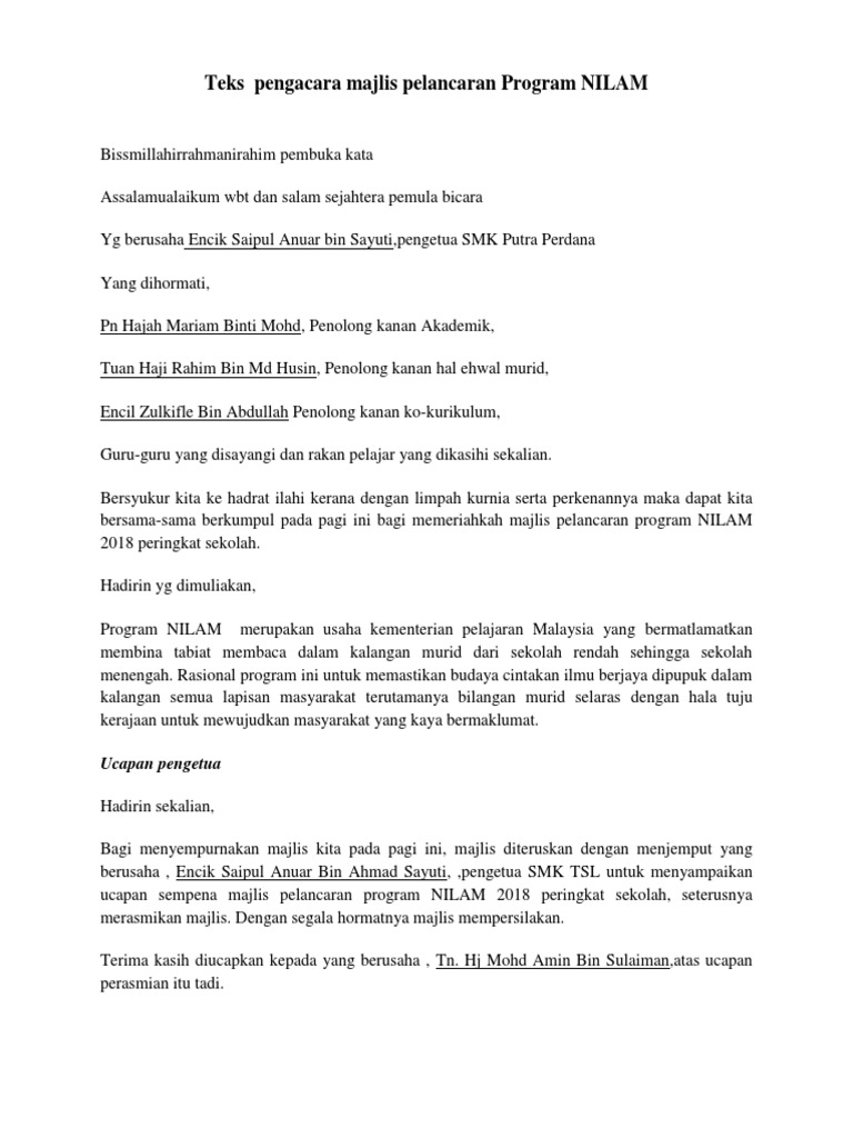 Teks Pengacara Majlis Pelancaran Program NILAM 2018 | PDF