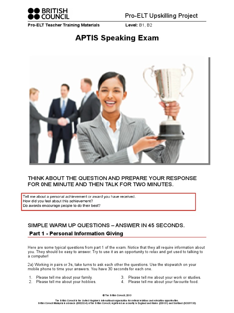 APTIS Speaking Exam: Pro-ELT Upskilling Project | PDF | United Kingdom | Question