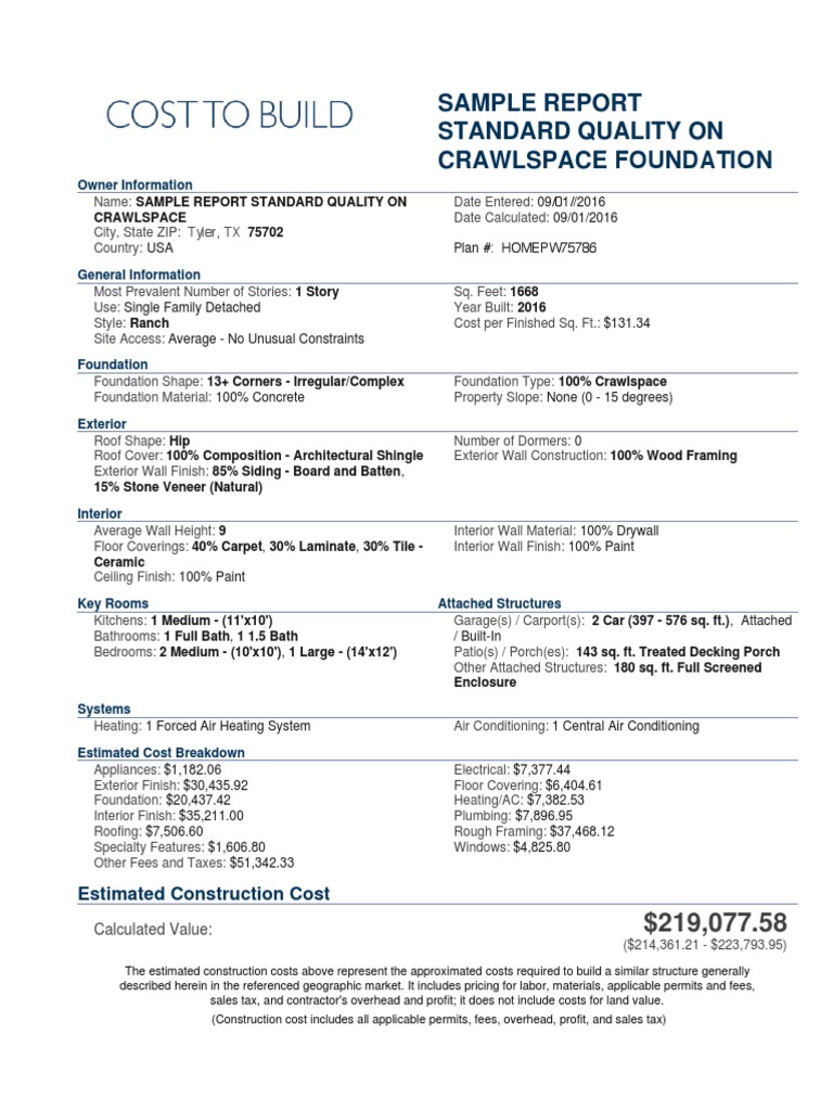 Sample Report Standard Quality On Crawlspace HomePlans | PDF | Basement ...