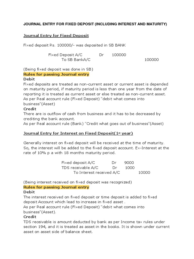 Journal Entries for Fixed Deposits | PDF | Debits And Credits | Interest
