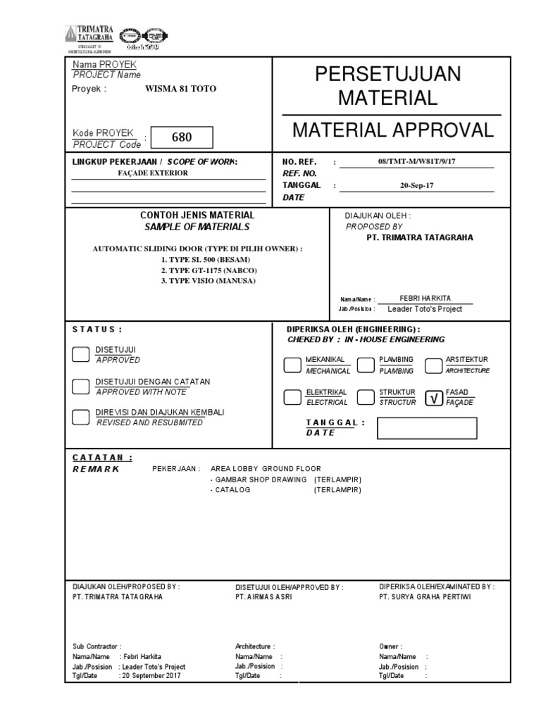 Contoh Form Persetujuan Material Proyek | PDF