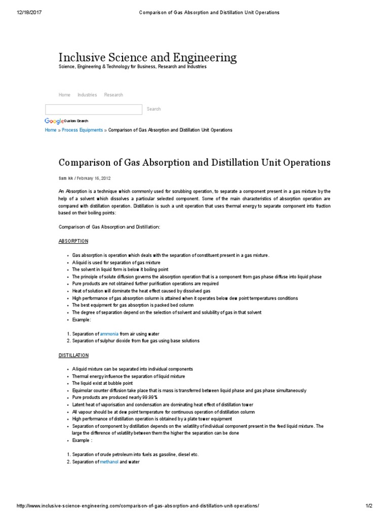 Comparison of Gas Absorption and Distillation Unit Operations | PDF | Distillation | Solution