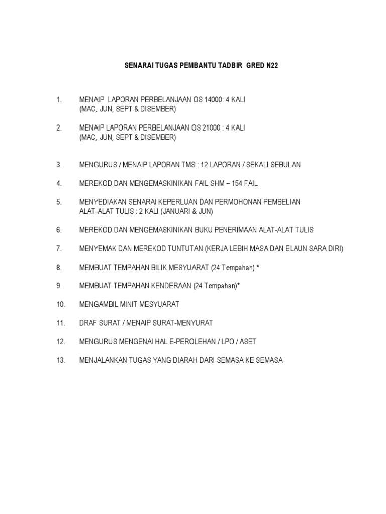 Tugas Pembantu Tadbir Gred N22 | PDF