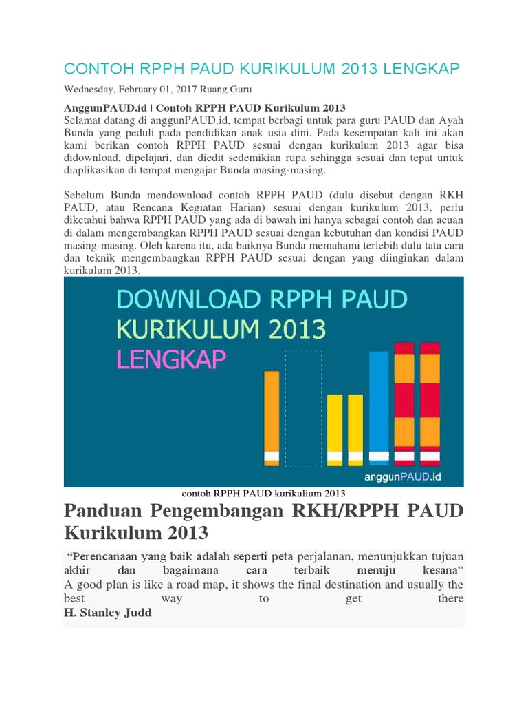 Contoh RPPH Paud Kurikulum 2013 Lengkap | PDF