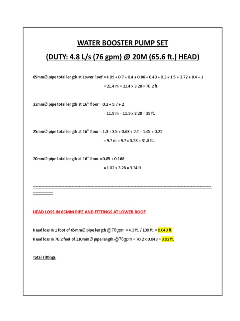 Booster Pump Head Loss Calculation | PDF | Pipe (Fluid Conveyance ...