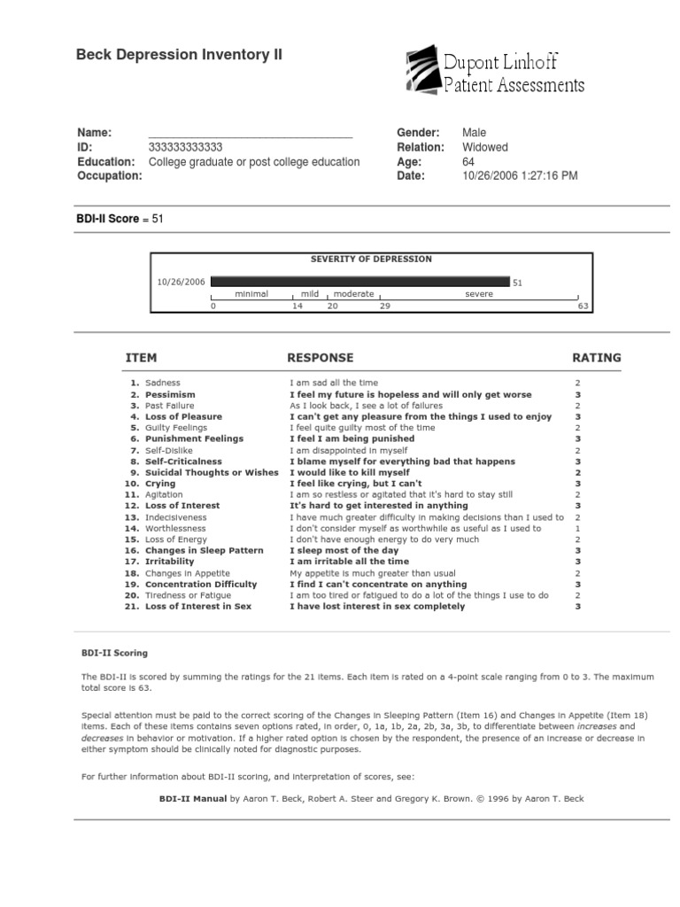 Beck Depression Inventory Real Time Report PDF | PDF
