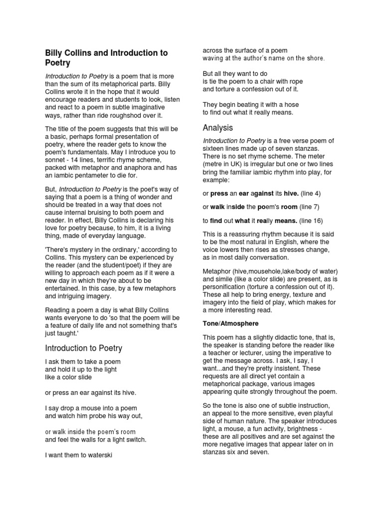 Billy Collins and Introduction To Poetry | PDF | Metre (Poetry ...