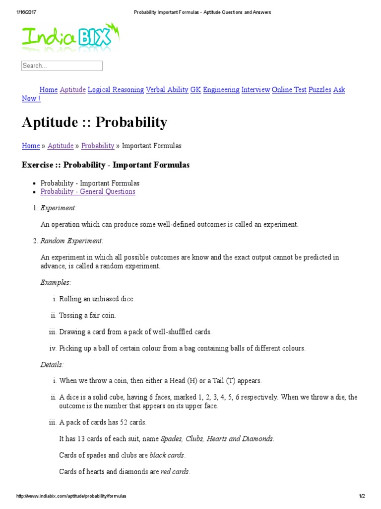 Probability Important Formulas - Aptitude Questions and Answers ...