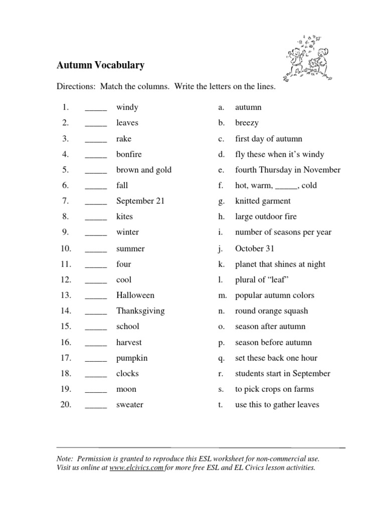 Autumn Vocabulary Matching Worksheet | PDF | Language Arts & Discipline