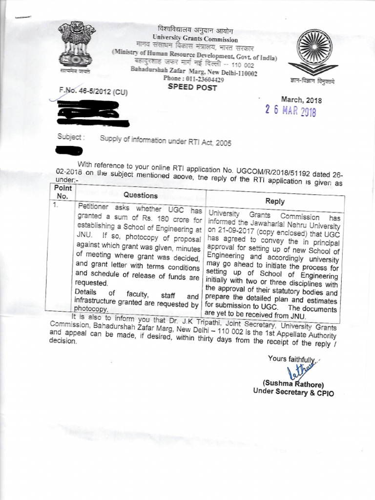 UGC RTI Response