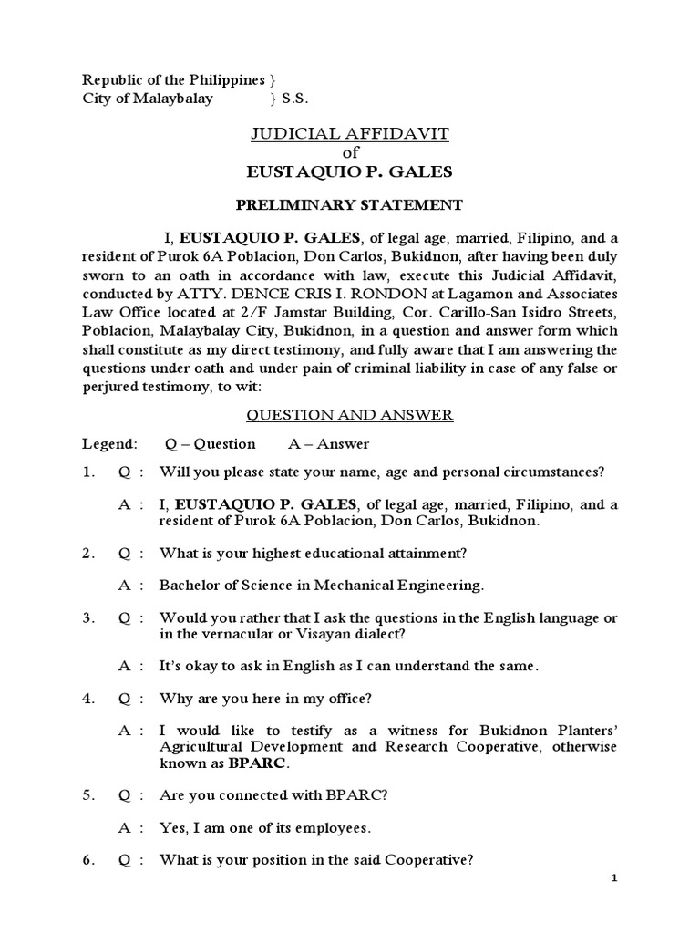 Testimony of Eustaquio P. Gales Regarding His Efforts to Collect ...