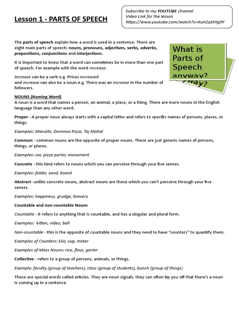 Lesson 1 - Parts of Speech | PDF | Noun | Part Of Speech