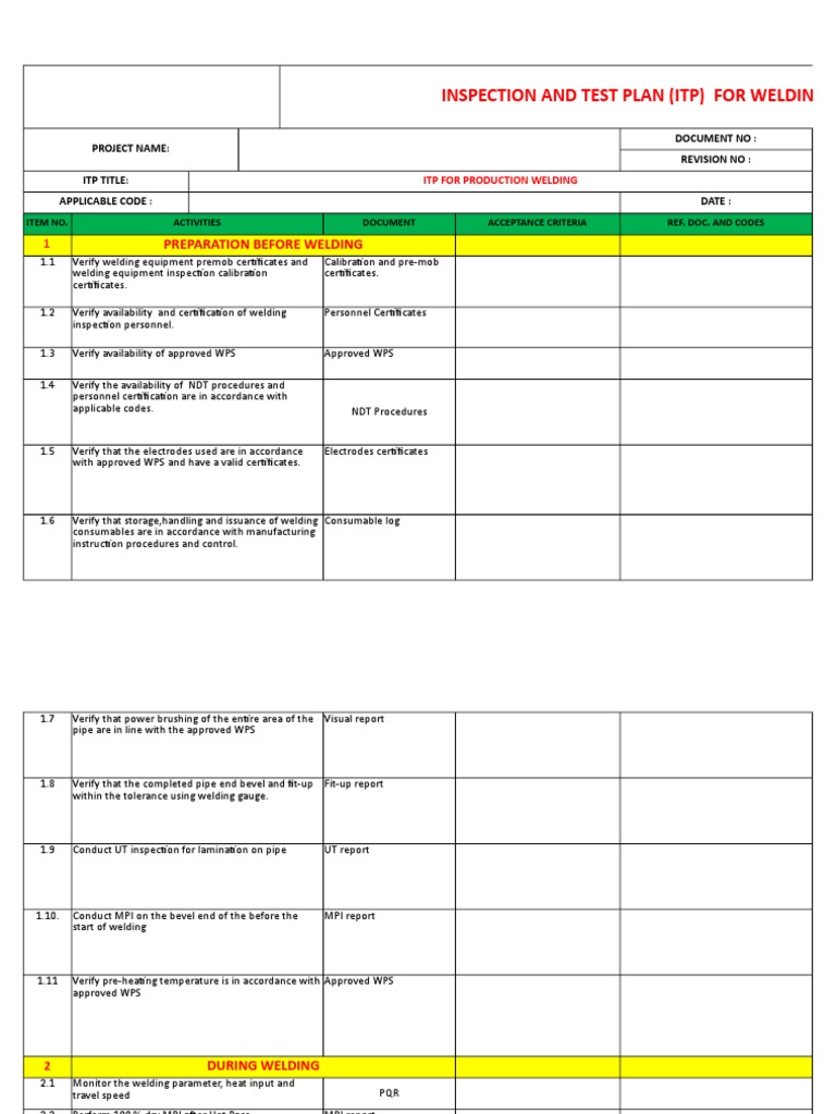 Itp Template | PDF | Nondestructive Testing | Welding