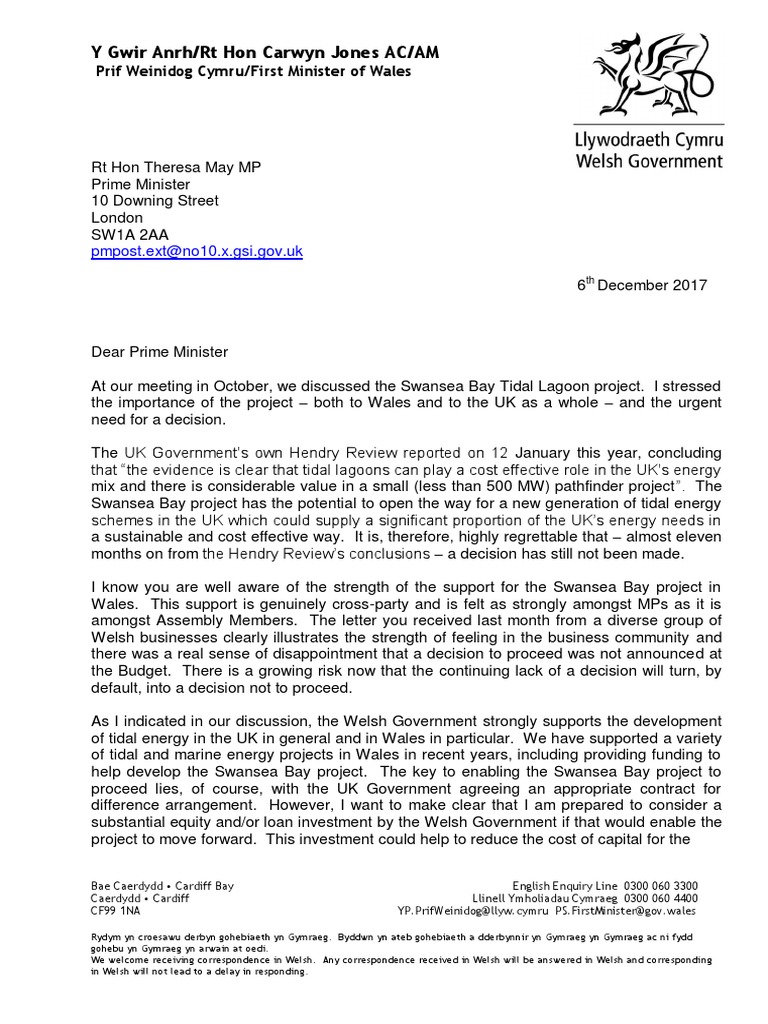 Welsh First Minister Letter To Theresa May On Tidal Lagoons | PDF ...