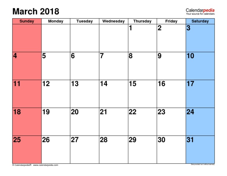 March 2018 Calendar Small Numerals | PDF