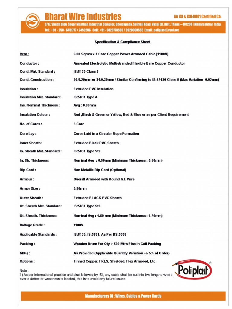 UkooA 6 Sqmm 3 Core Power Cable Specs | PDF | Insulator (Electricity ...