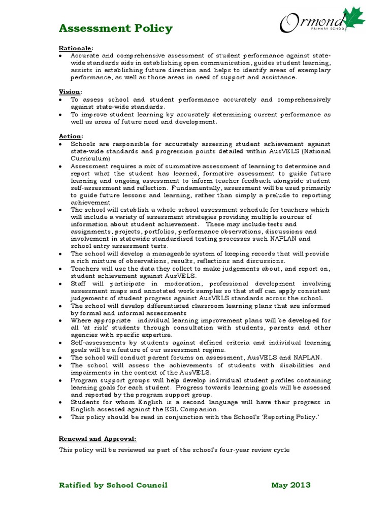 Assessment-Policy Ormond Primary | PDF | Educational Assessment | Change