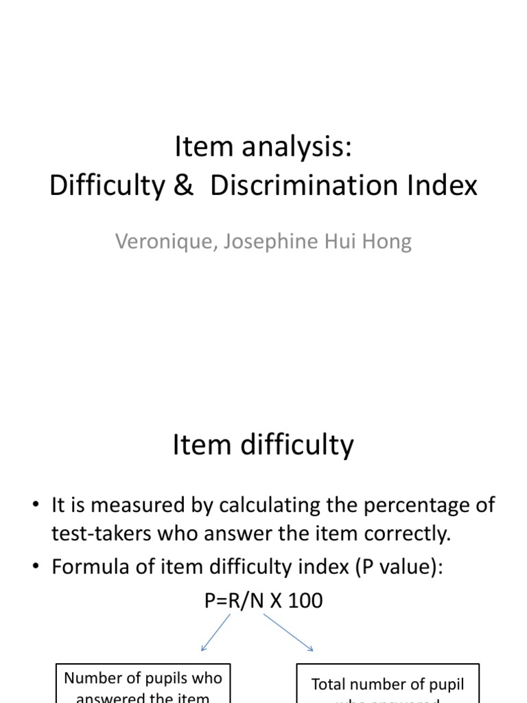 Item Analysis: Difficulty & Discrimination Index: Veronique, Josephine Hui Hong | PDF