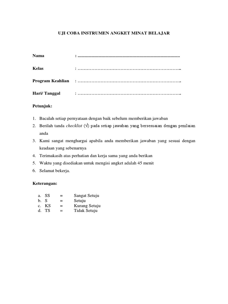 Uji Coba Instrumen Angket Minat Belajar | PDF