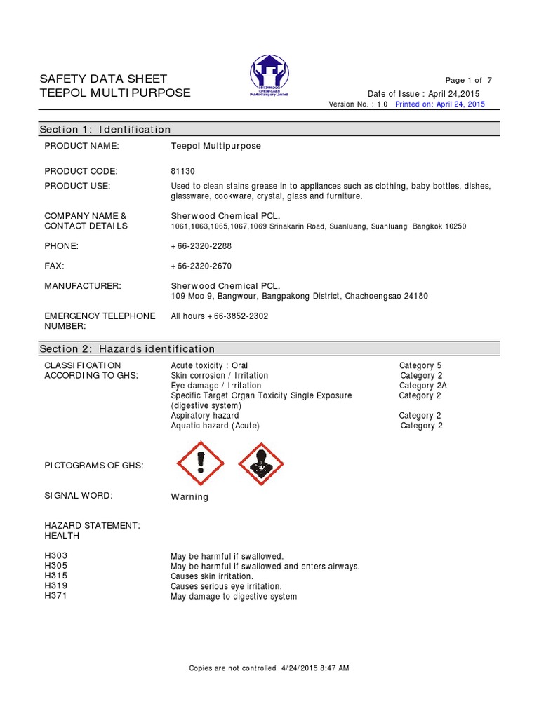 Teepol Multipurpose | Toxicity | Personal Protective Equipment