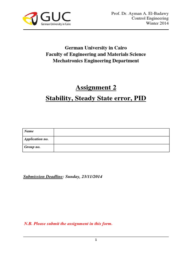 Assignment 2 Stability, Steady State Error, PID | PDF | Control Theory ...