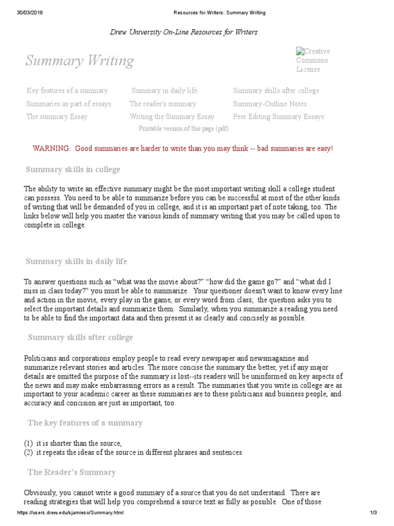 Resources For Writers - Summary Writing | PDF | Essays | Reading ...