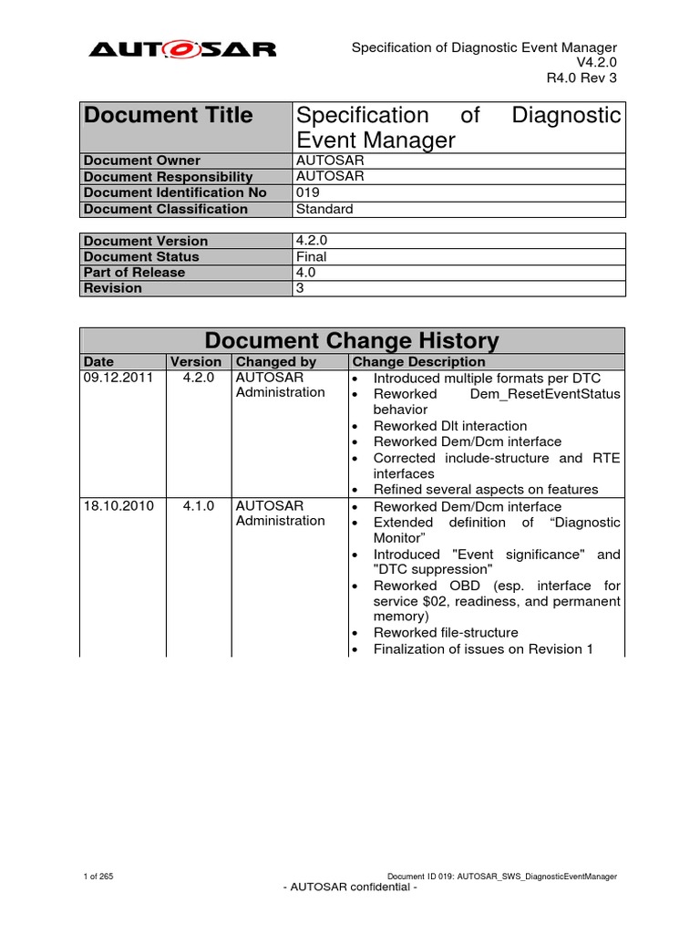 Autosar Sws Diagnosticeventmanager Pdf Specification Technical Standard Application 
