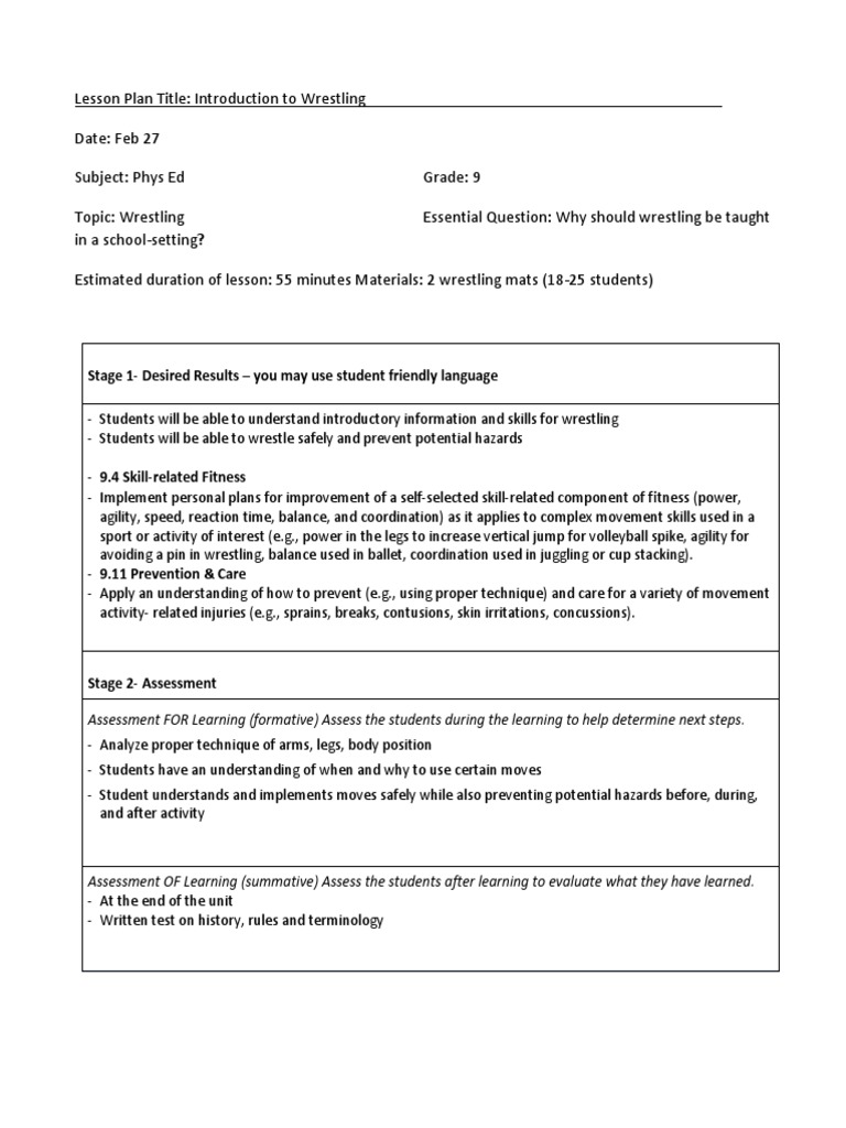 Wrestling Lesson Plan | PDF | Sports