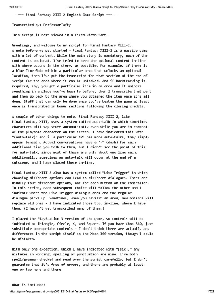 Final Fantasy XIII-2 Game Script For PlayStation 3 by ProfessorTofty ...
