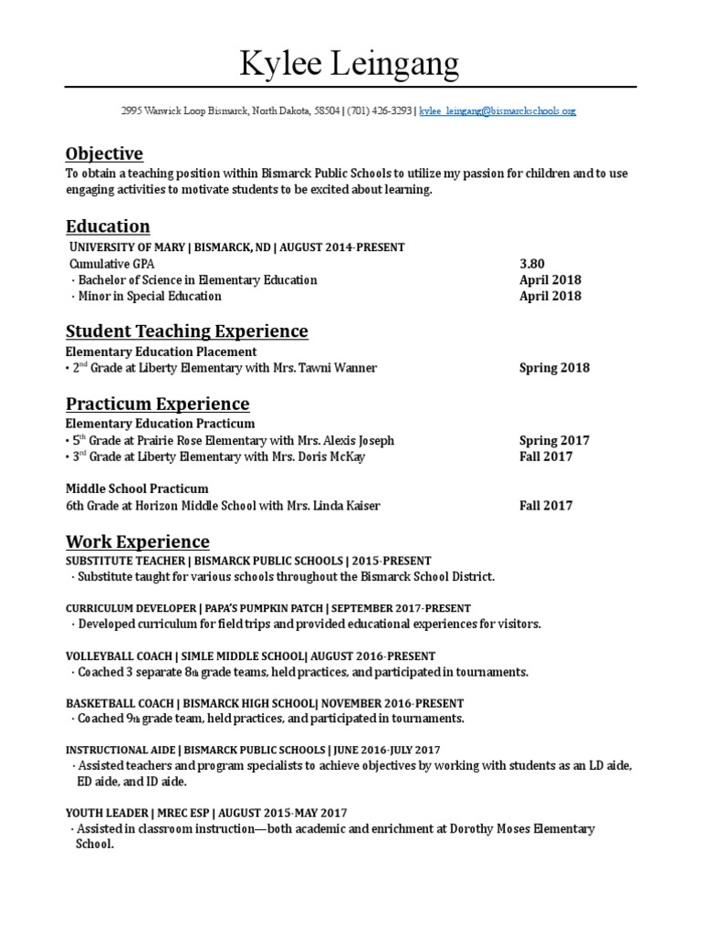 Kylee Leingang Resume | PDF | North Dakota | Teachers