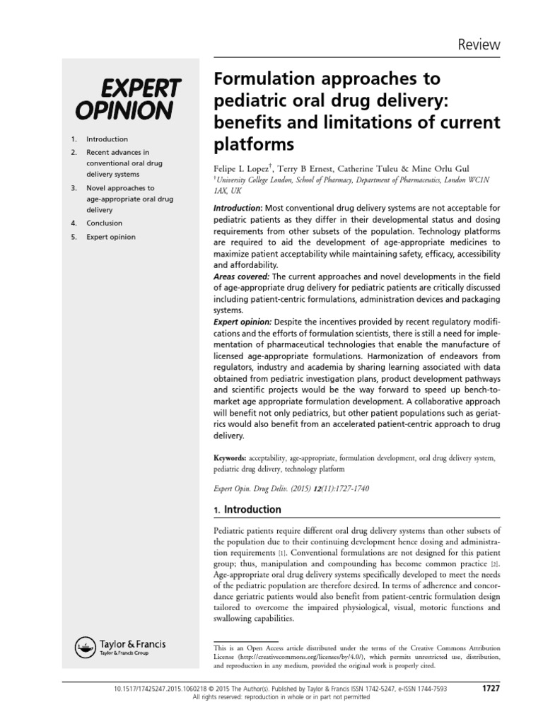 Formulation Approaches To Pediatric Oral Drug Delivery: Benefits and ...