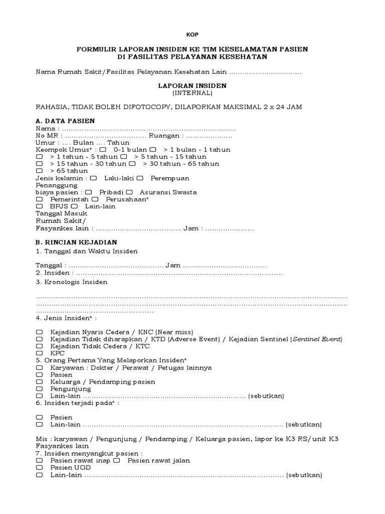 FORM KTD, KNC, KPC Sesuai Dengan Permenkes No 11 TTG Keselamatan Pasien | PDF | Pengelolaan ...