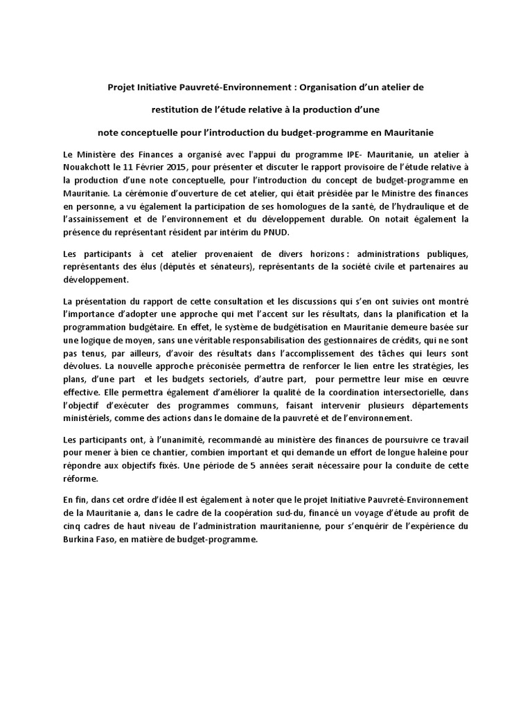 Note Conceptuelle Pour Lintroduction Du Budget Programme en Mauritanie ...