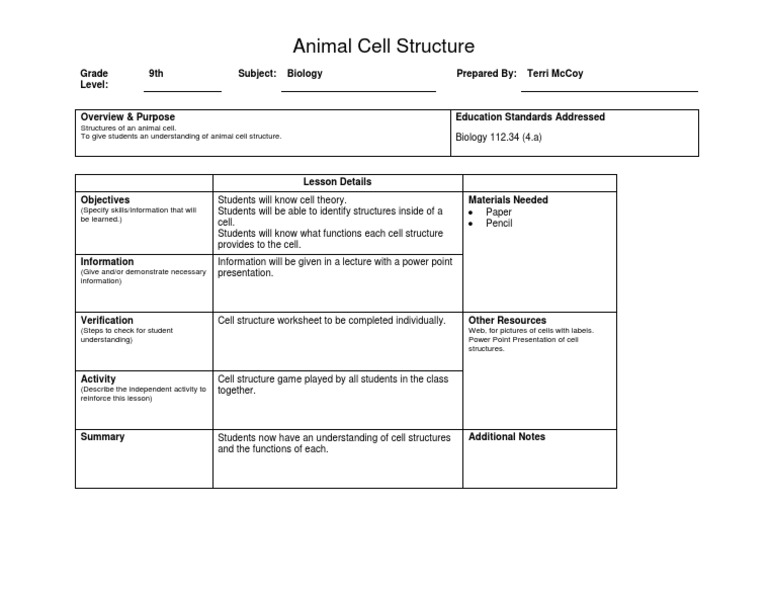 Animal Cell Structure Lesson Plan | PDF