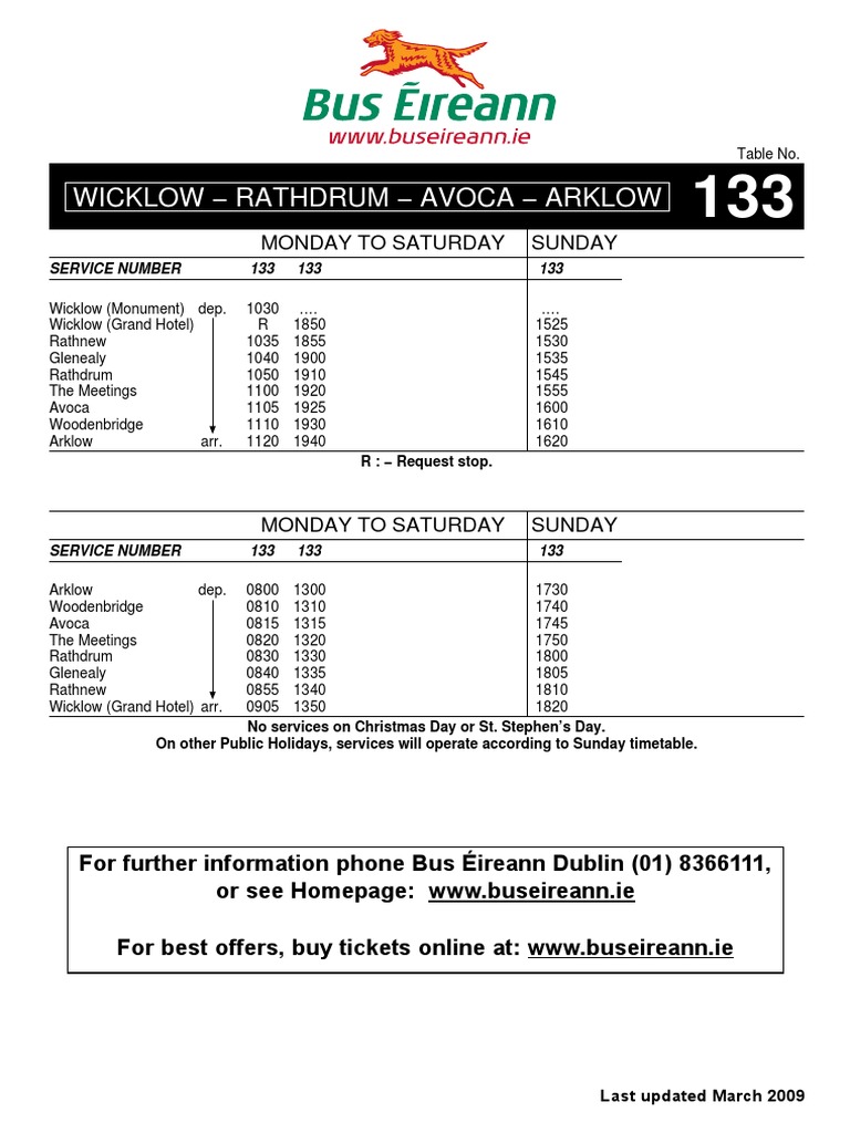 Wicklow Rathdrum Avoca Arklow: Monday To Saturday Sunday | PDF | Bus ...